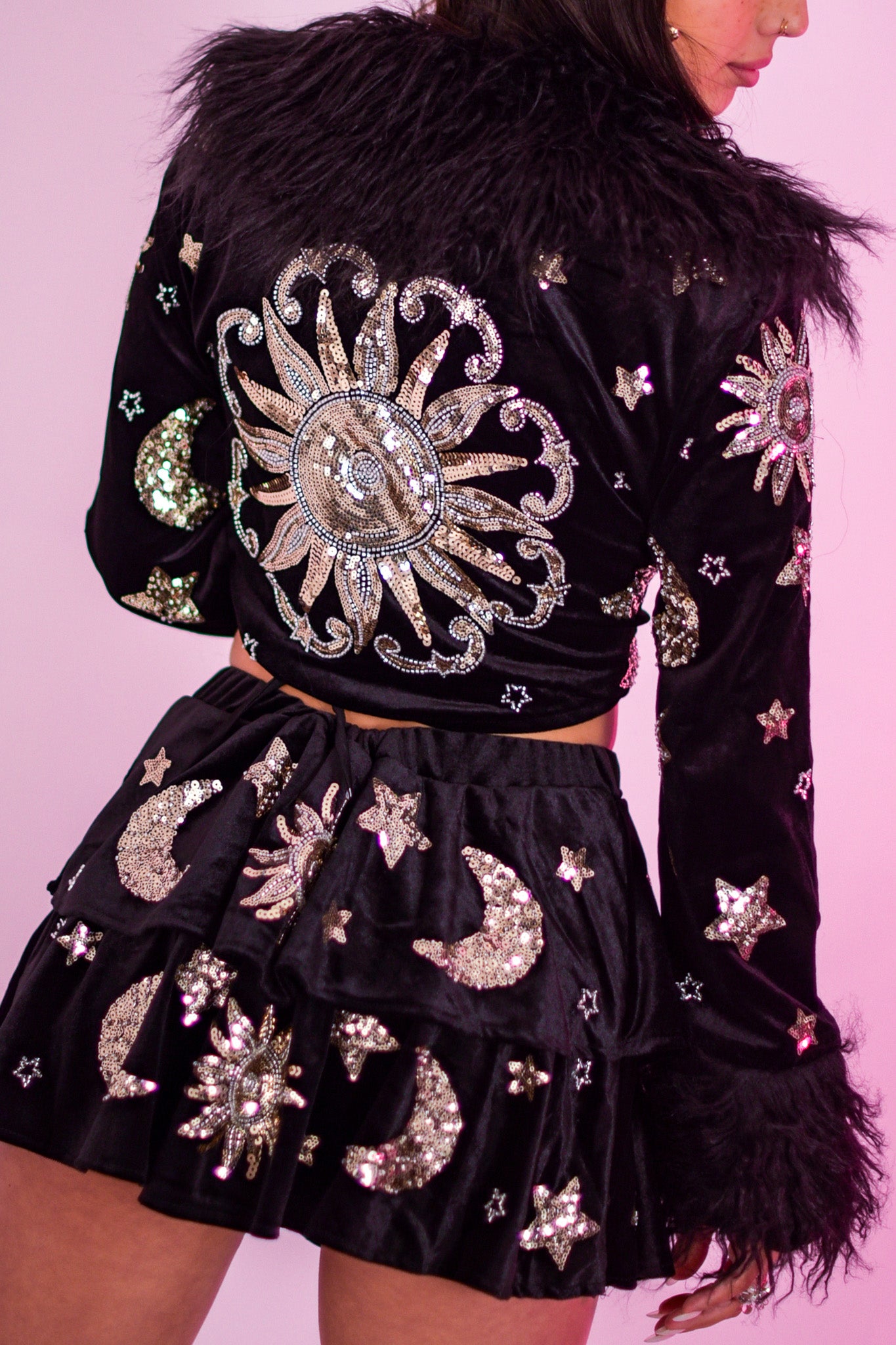 Phase Cropped Jacket - Sun & Moon Style | Sequin Sun, Fur Trim – Wild Thing